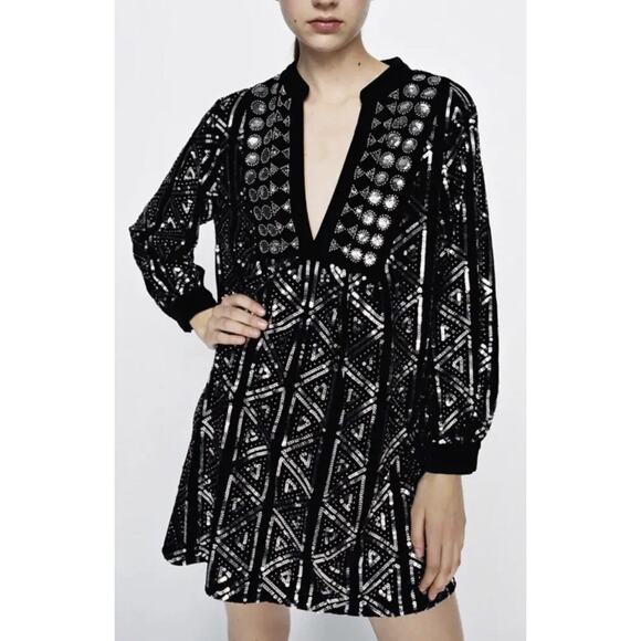 Zara | Dresses | Zara Black Velvet Dress Silver Sequins Mini Holiday ...
